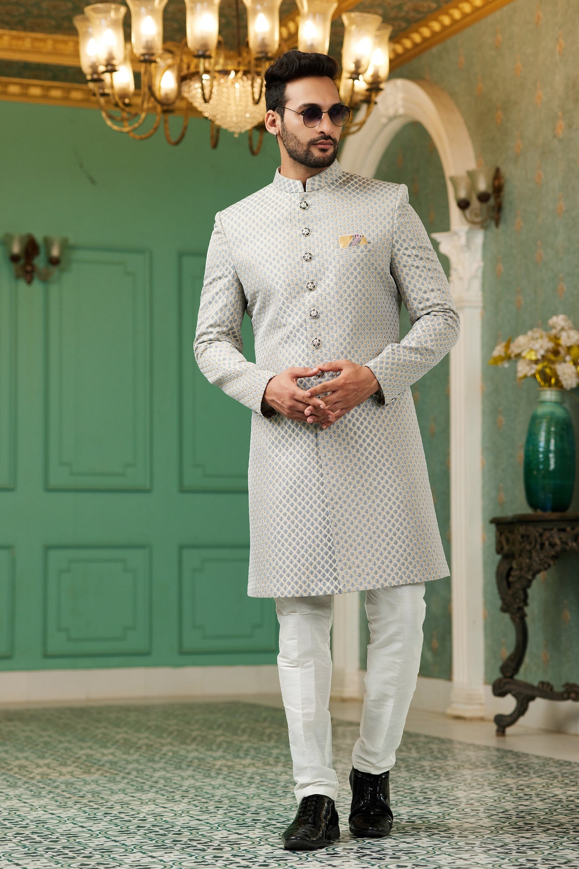 Jacquard Silk Sherwani for Men Wedding Grooms Dress Indian Jodhpuri ...