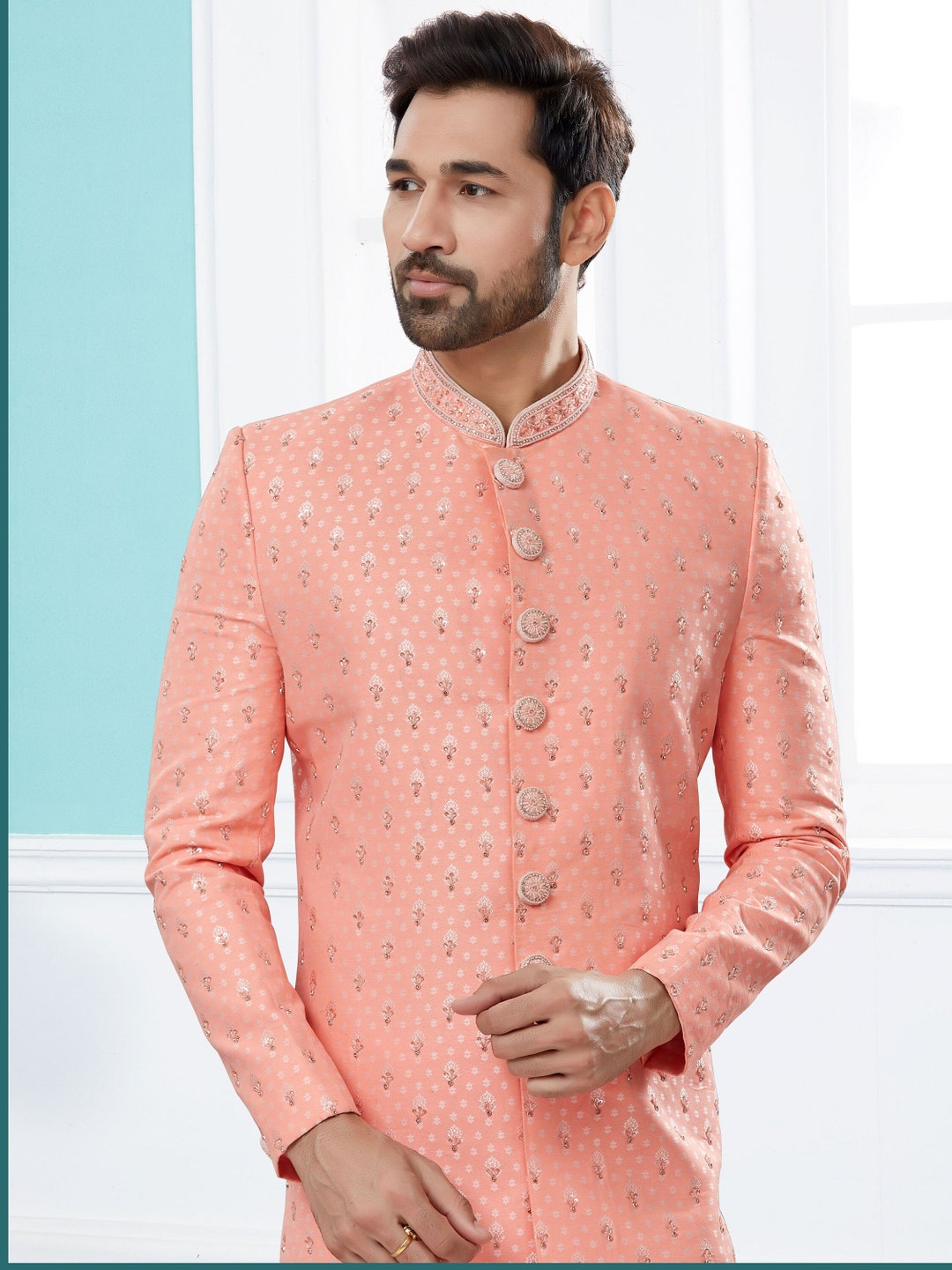 Wedding Groom Fancy Work Peach Color Sherwani Indowestern for Men Gift ...