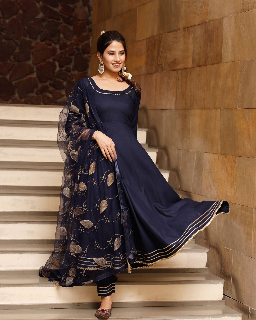 Plus Size Navy Solid Flared Anarkali Readymade Salwar for Women Plus ...