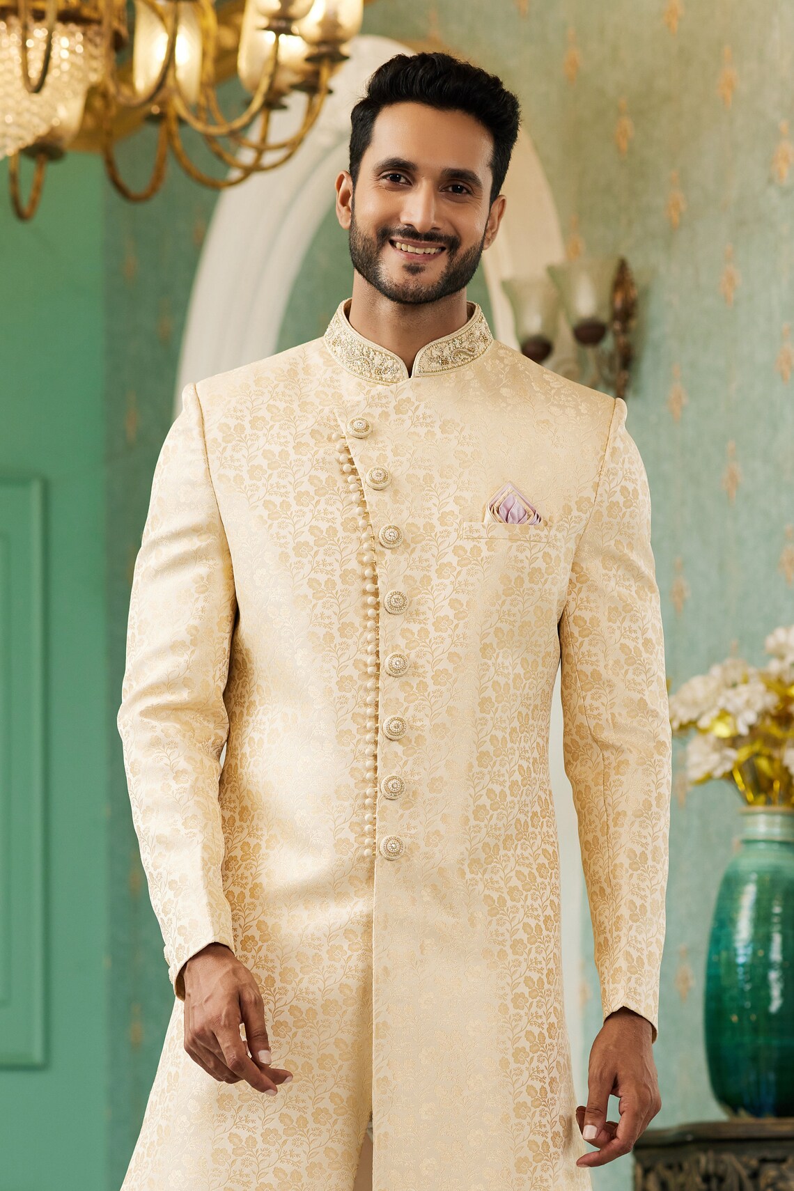 Gold Silk Groom Sherwani for Men, Indowestern Pakistani Grooms Sherwani ...