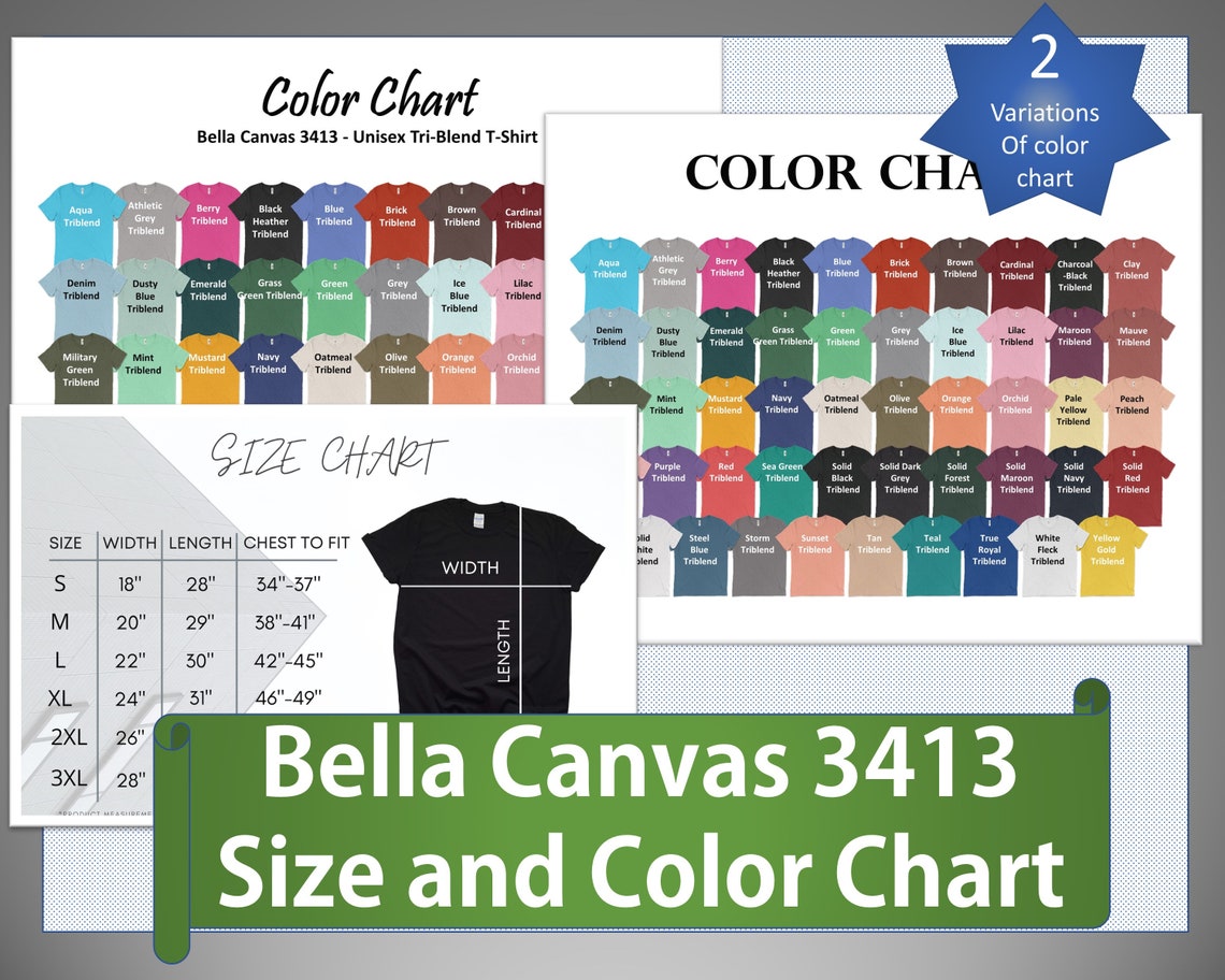 Bella Canvas 3413 Size and Color Chart | Bella Canvas Size Chart Mockup ...