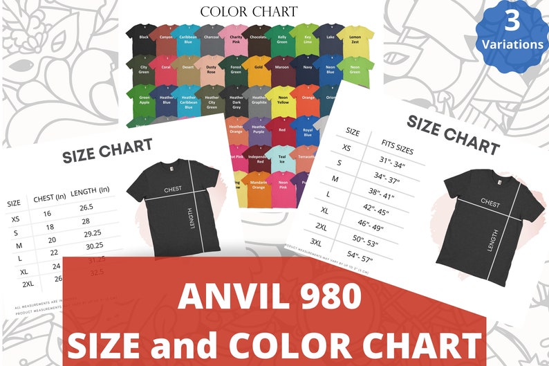 Anvil 980 Color Chart Anvil 980 Size Chartanvil Unisex - Etsy