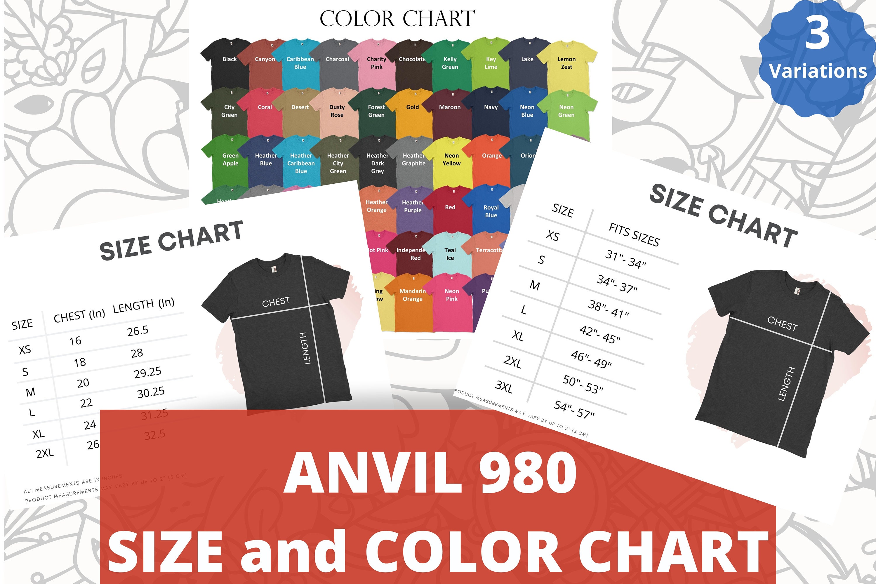 ALL COLORS Anvil 980 Color Swatch Chart Unisex Lightweight T-Shirt ...