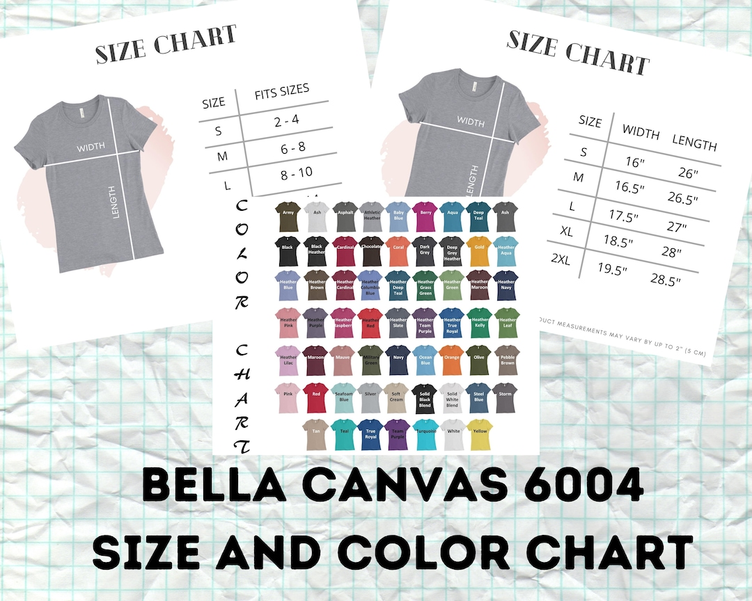 Bella Canvas 6004 Color Chart and Bella Canvas 6004 Size Chart|bc6004 ...