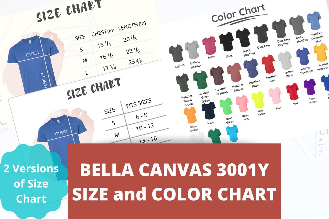 Bella + Canvas 3001Y Color Chart and Size Chart -youth Unisex Jersey T ...