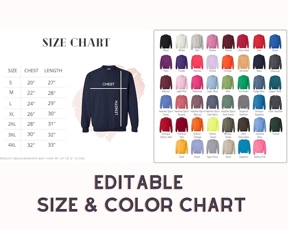G180 Size Chartg180 Color Chart18000 Sweatshirtg180 - Etsy