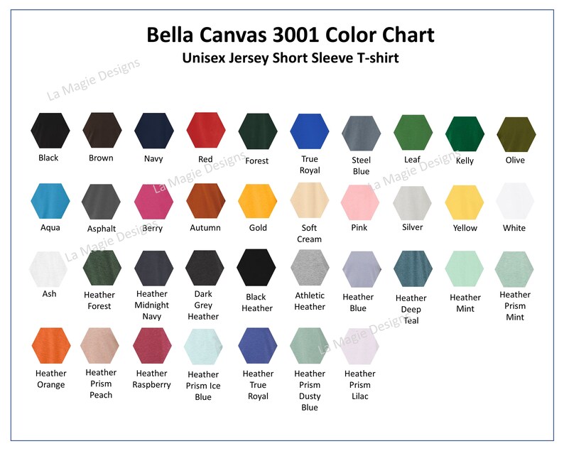 Printful Color Chart For Bella Canvas 3001 Uni T Shirt Etsy