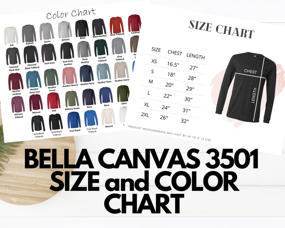 Bella Canvas 3501 Size and Color Chart |BC3501| Unisex Jersey Long ...