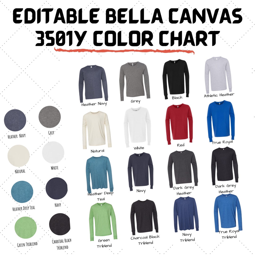 Bella Canvas 3501Y Color Chart|bella 3501Y Colors|bella BC3501Y Color ...