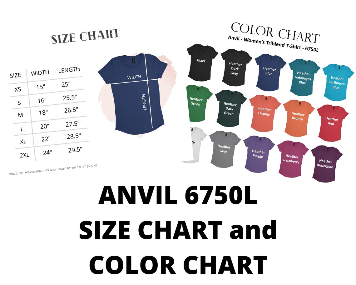 Anvil 6750L Size Chart Anvil 6750L Color Chart Anvil | Etsy