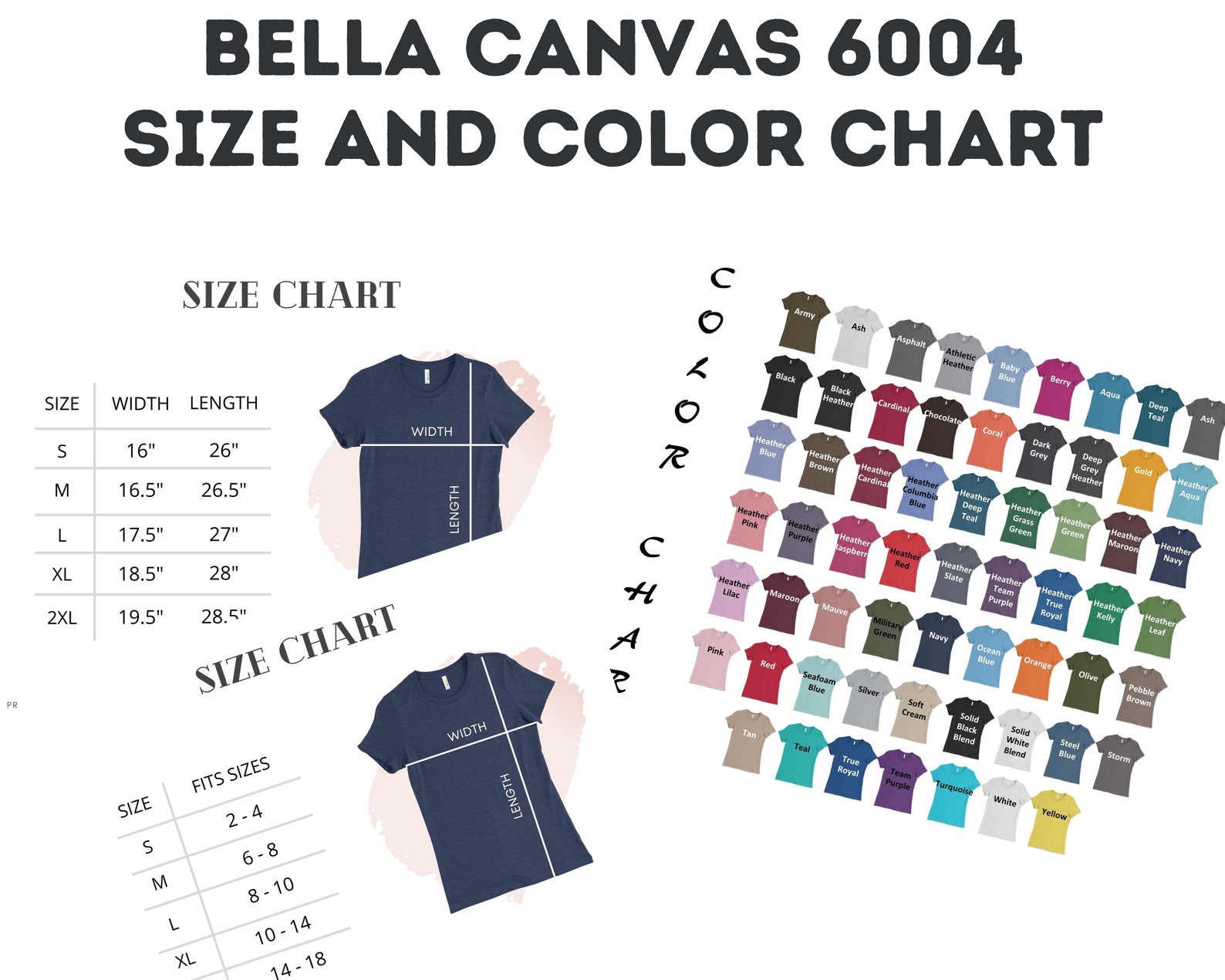 Bella Canvas 6004 Color Chart and Bella Canvas 6004 Size Chart|bc6004 ...
