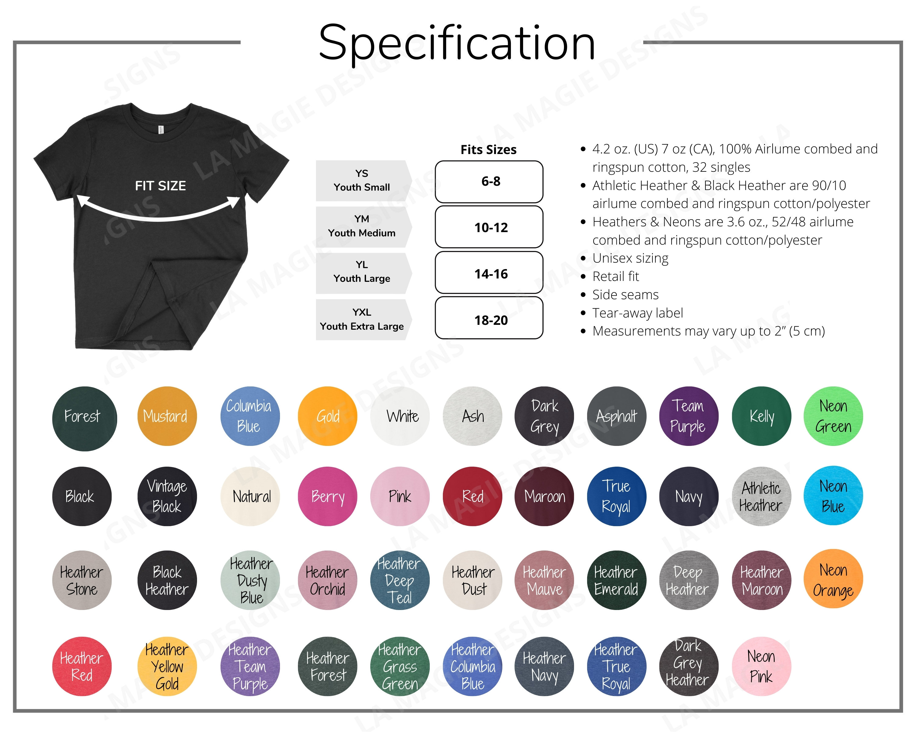 Bella Canvas 3001Y Size Chart*bella Canvas 3001Y Color Chart*bella ...