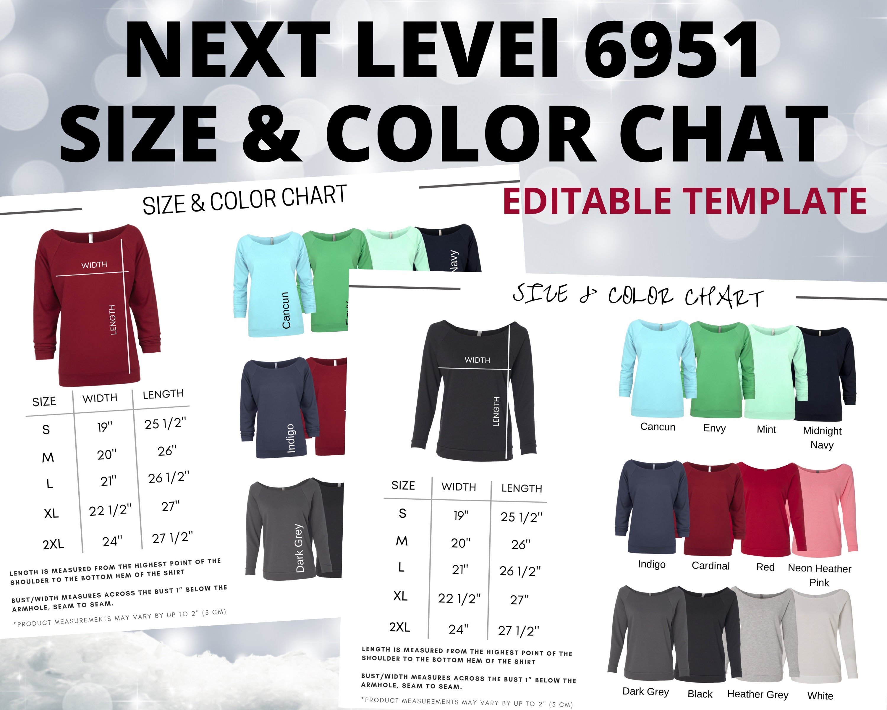 Next Level 6951 Color Chart Editablenext Level 6951 Size - Etsy