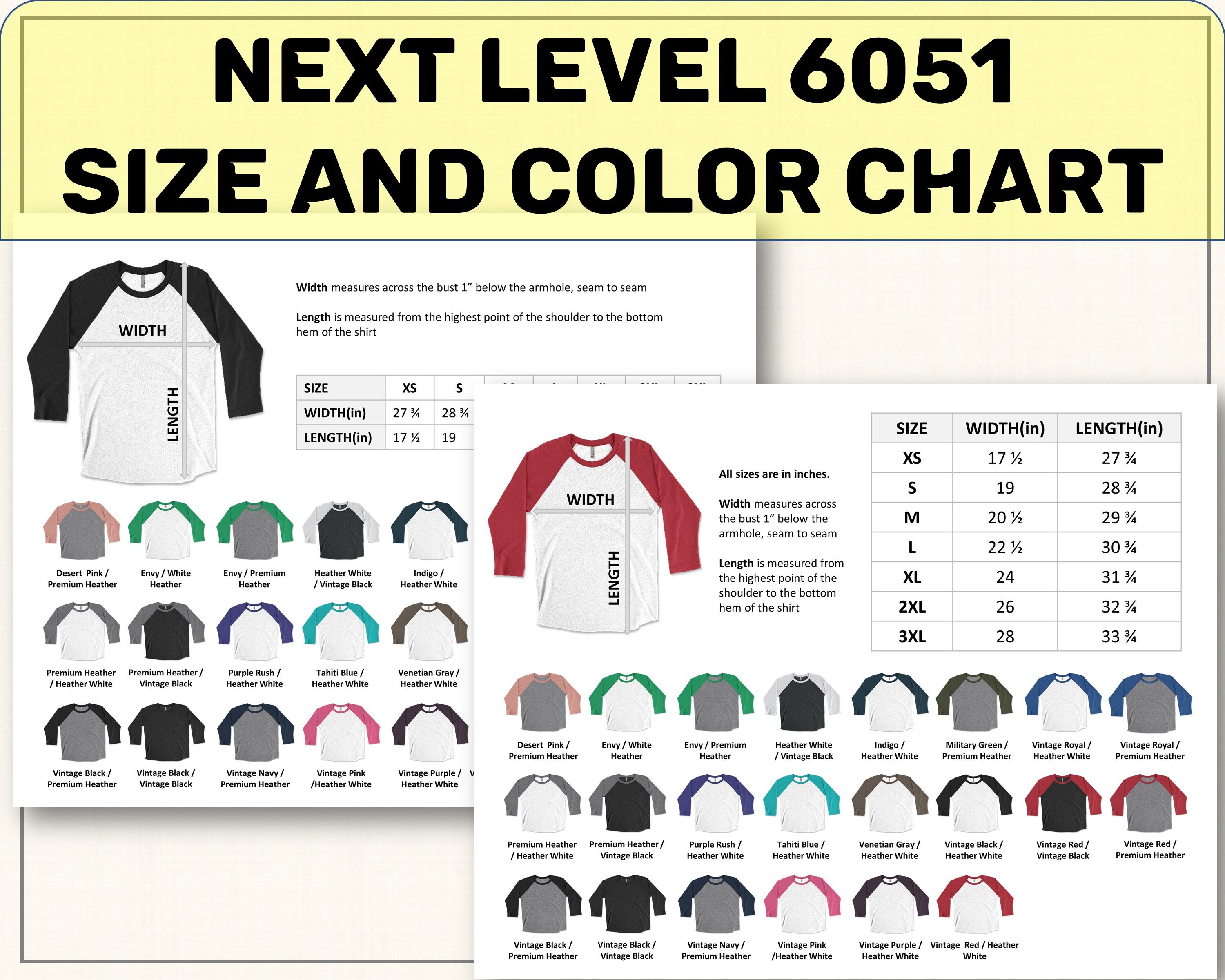 Next Level 6051 Color Chart Next Level 6051 Size Chartall - Etsy