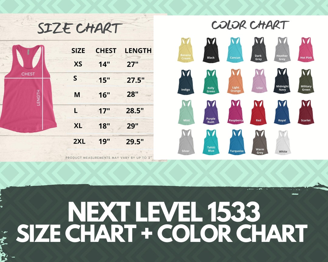 Next Level 1533 Size Chart and Color Chart | All Colors for N1533 Tank ...
