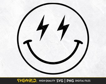 Happy Face Svg, Lightning Bolt Eyes Svg, Positive, Retro Happy Face PNG ...