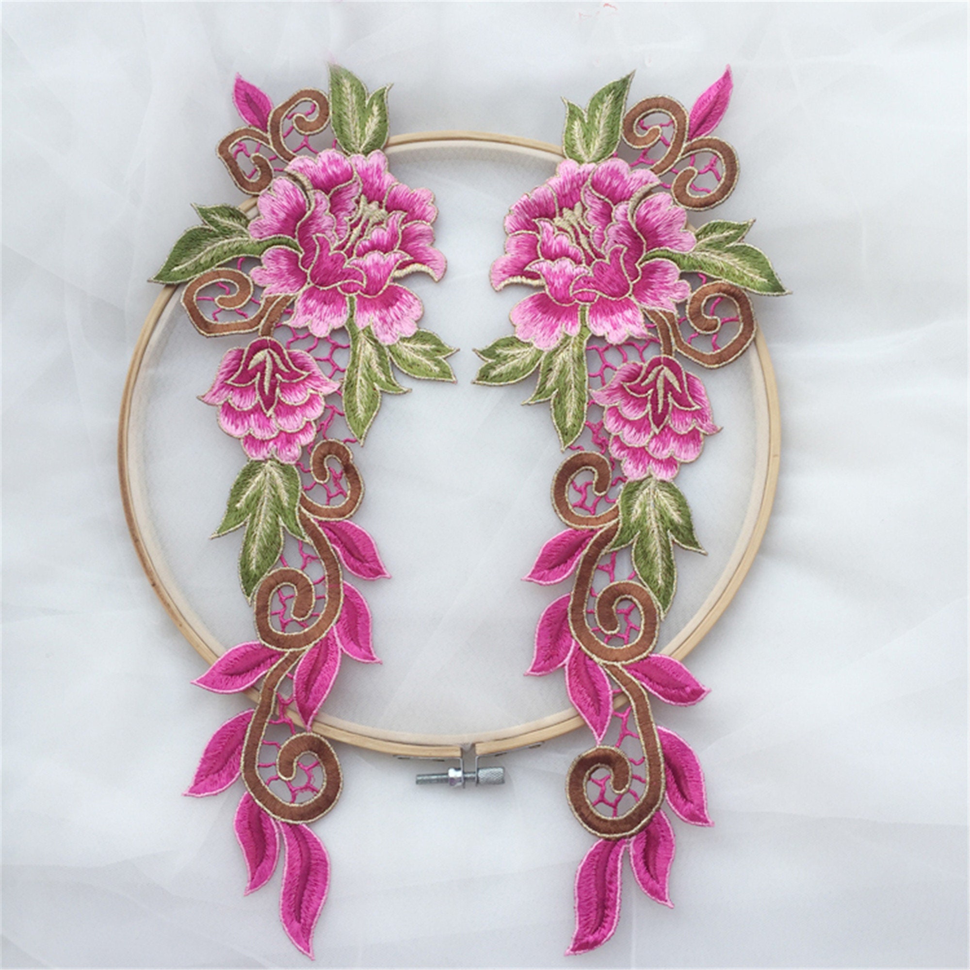 Mirror Pair Fuchsia Lace Applique Gold Fringe Blossom Flower Lace Patch ...
