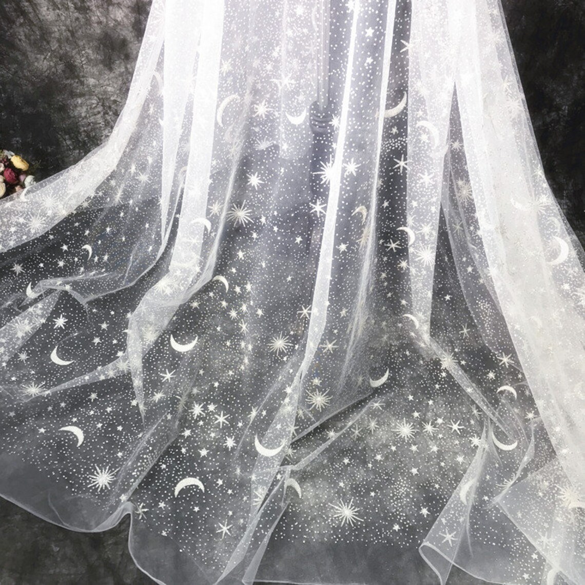 Glitter Print Silver Moon Star Tulle Lace Fabric, Soft Tulle Moon Lace ...