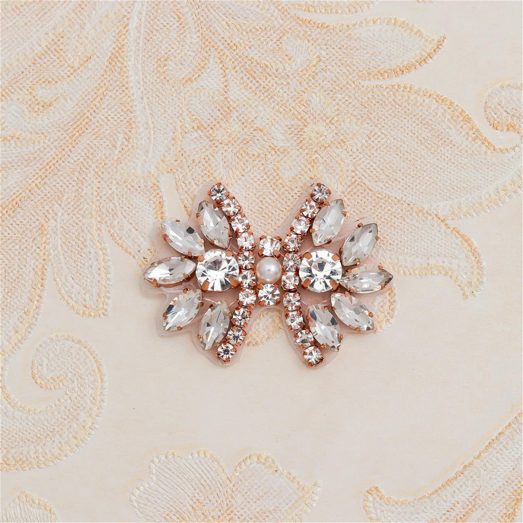 Iron on Crystal Motif Rhinestone Beaded Embellishment Rose Gold ...