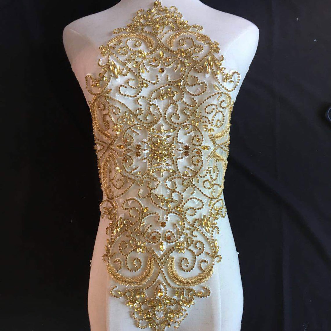 Full Body Gold Rhinestone Bodice Applique Vintage Beading Fringe Craft ...