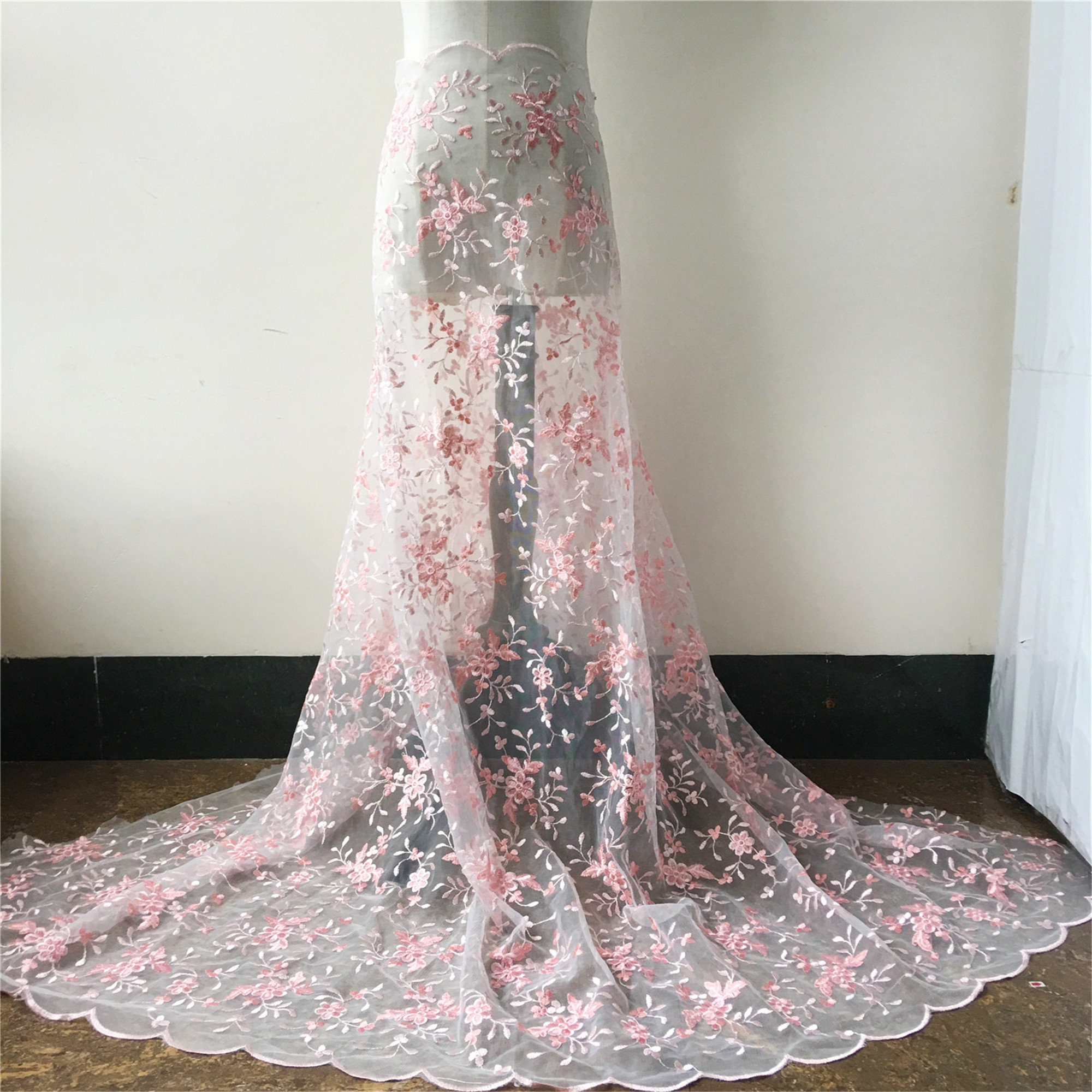 Exquisite Pink Floral Lace Net Both Scalloped Edge Embroidery Lace ...
