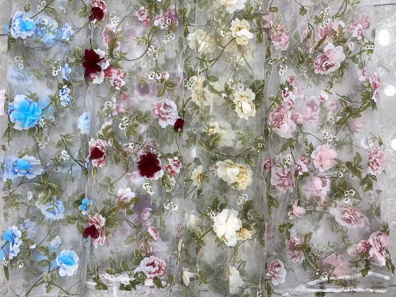 Organza Printed Flower Fabric With 3D Flower Embroidery - Etsy