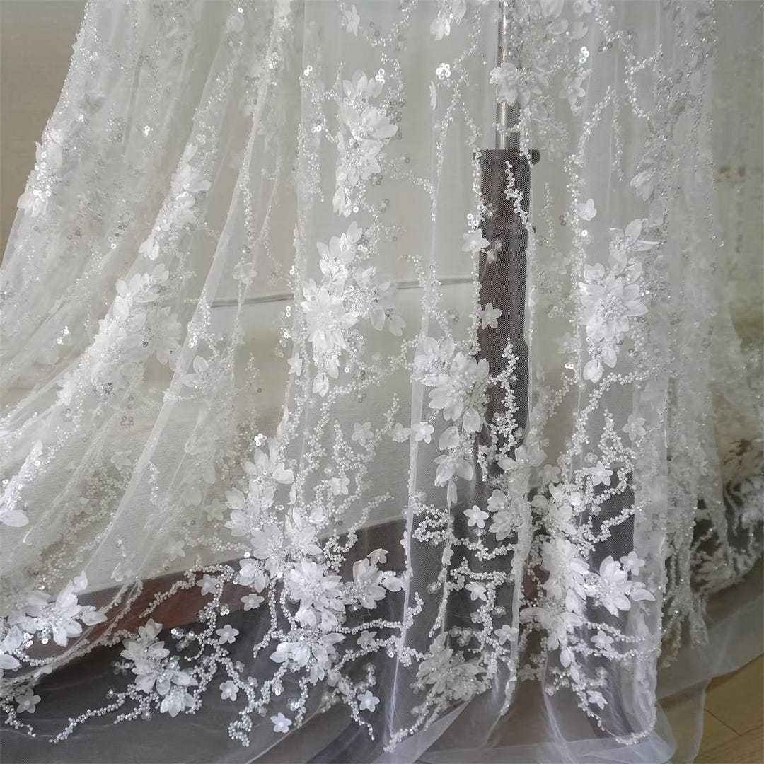 Heavy Beaded 51" Ivory Sequins 3D Flower Embroidery Bridal Dress Lace ...