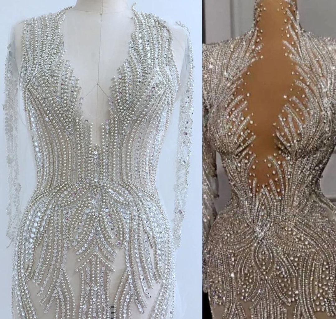 Luxurious Rhinestone Appliques Sparkling Beaded Deep V Chest Rhinestone ...