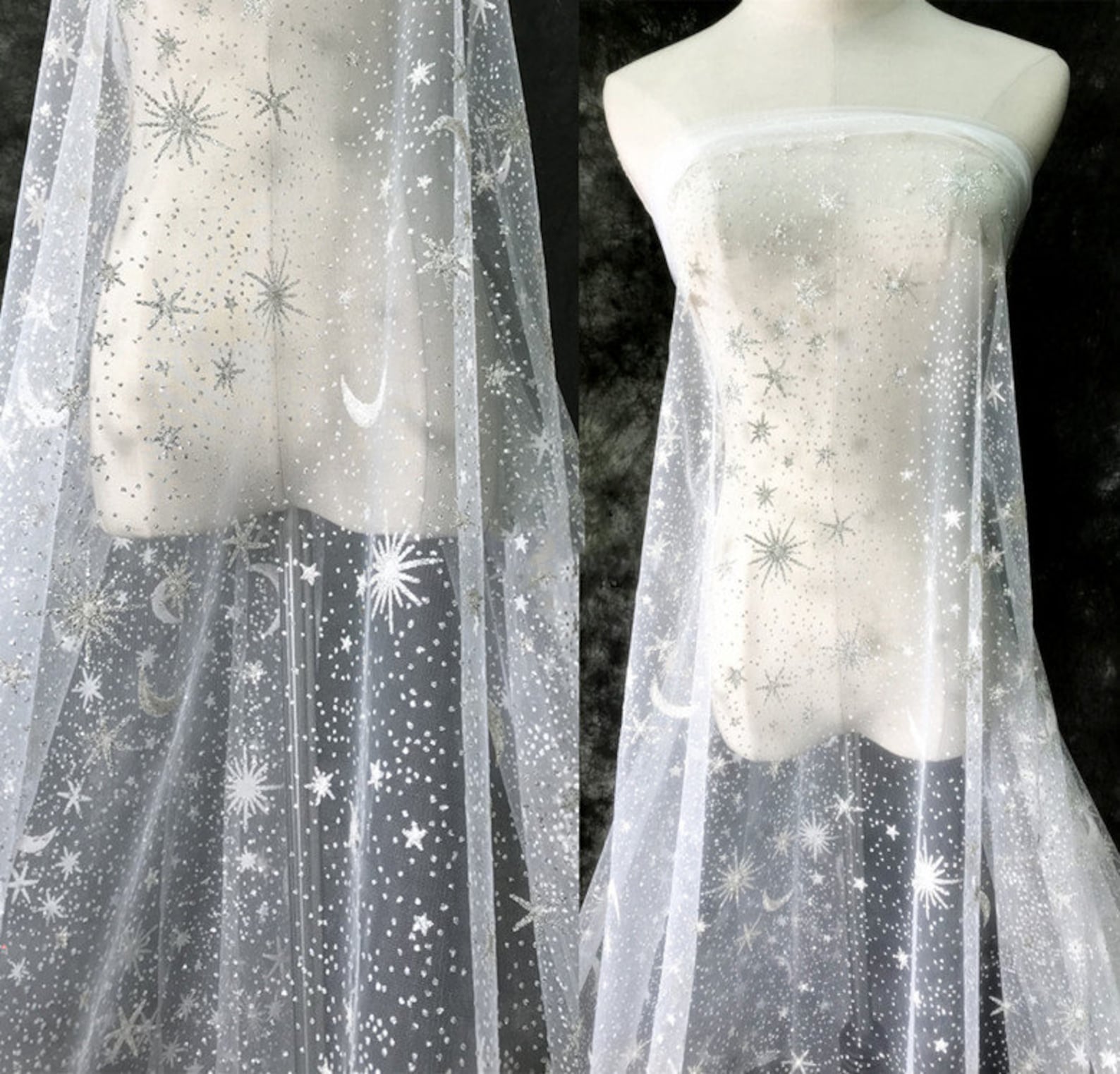 Glitter Print Silver Moon Star Tulle Lace Fabric, Soft Tulle Moon Lace ...