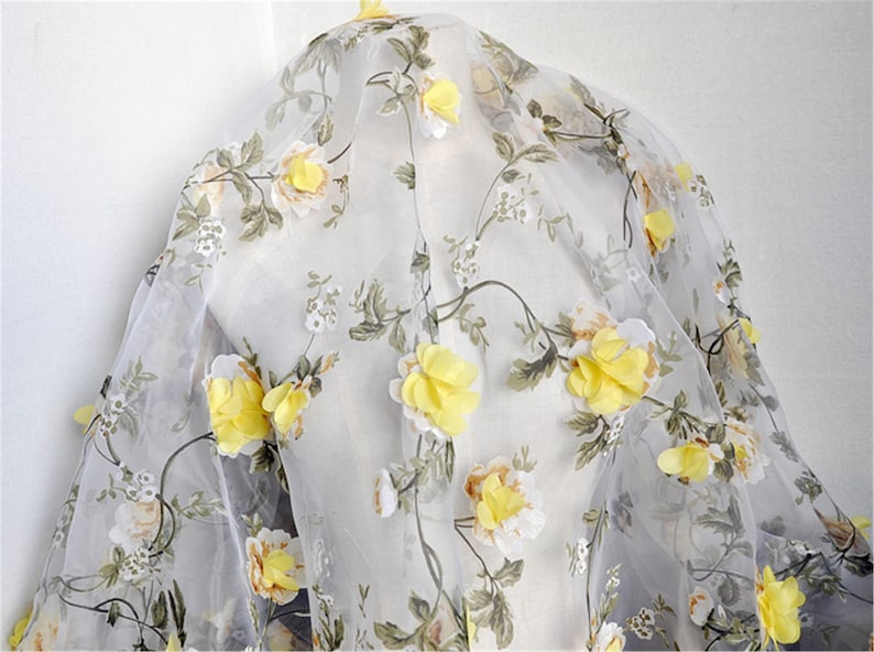 Organza Printed Flower Fabric With 3D Flower Embroidery Blossom Lace ...