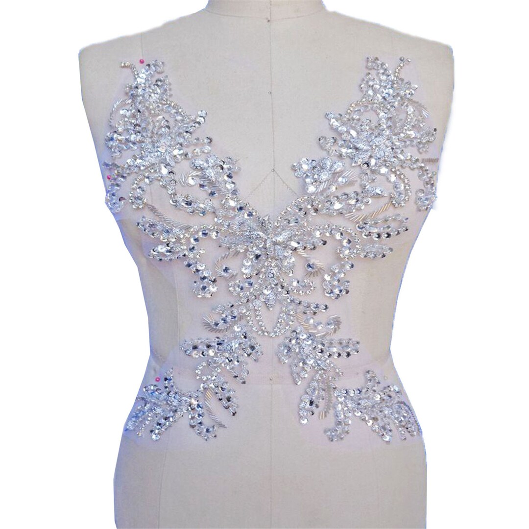 Beaded Sequin Wedding Applique Sew on Neckline Rhinestone Floral Patch ...