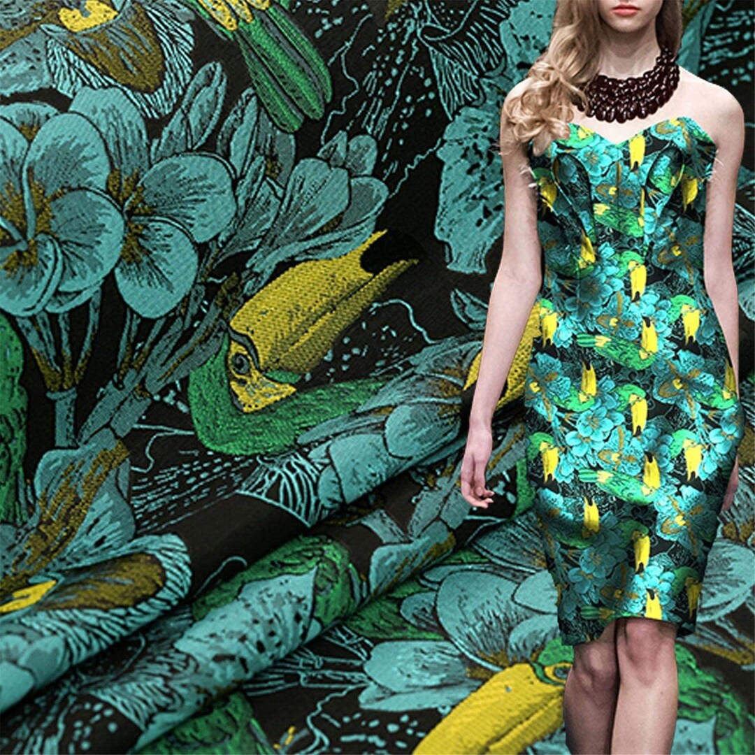 High-end Exquisite Fabric Toucans Green Jacquard Brocade Fabric ...