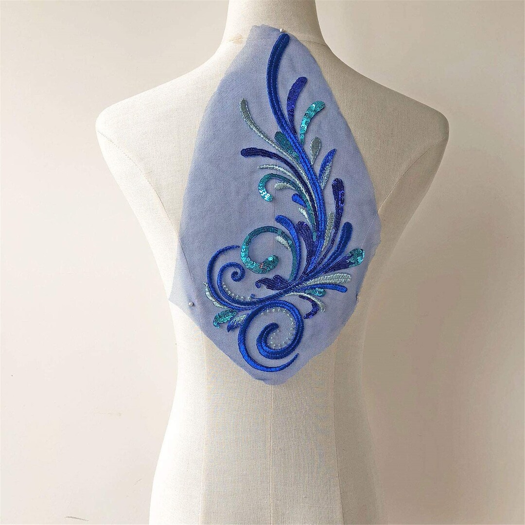 Royal Blue Lace Applique Wing Shape Motif Sequined Embroidery Floral ...