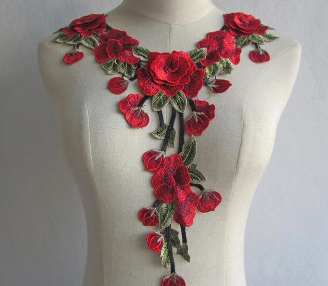Rose Leaves Neckline Trim Flower Lace Applique Gold Fringe Blossom ...