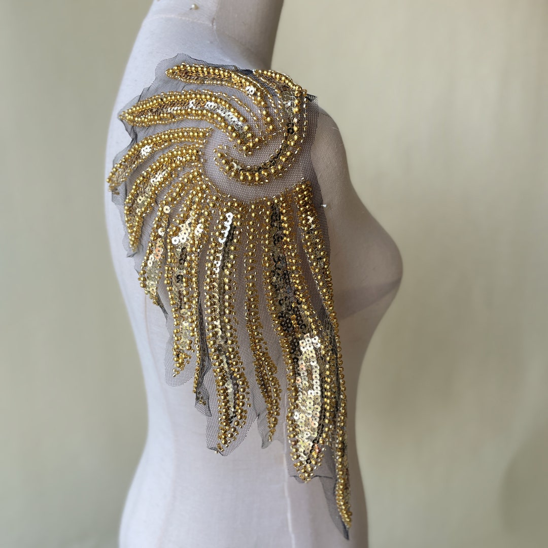 Mirror Pair Gold Beaded Sequins Wings Applique Lace Trim Golden Beaded ...