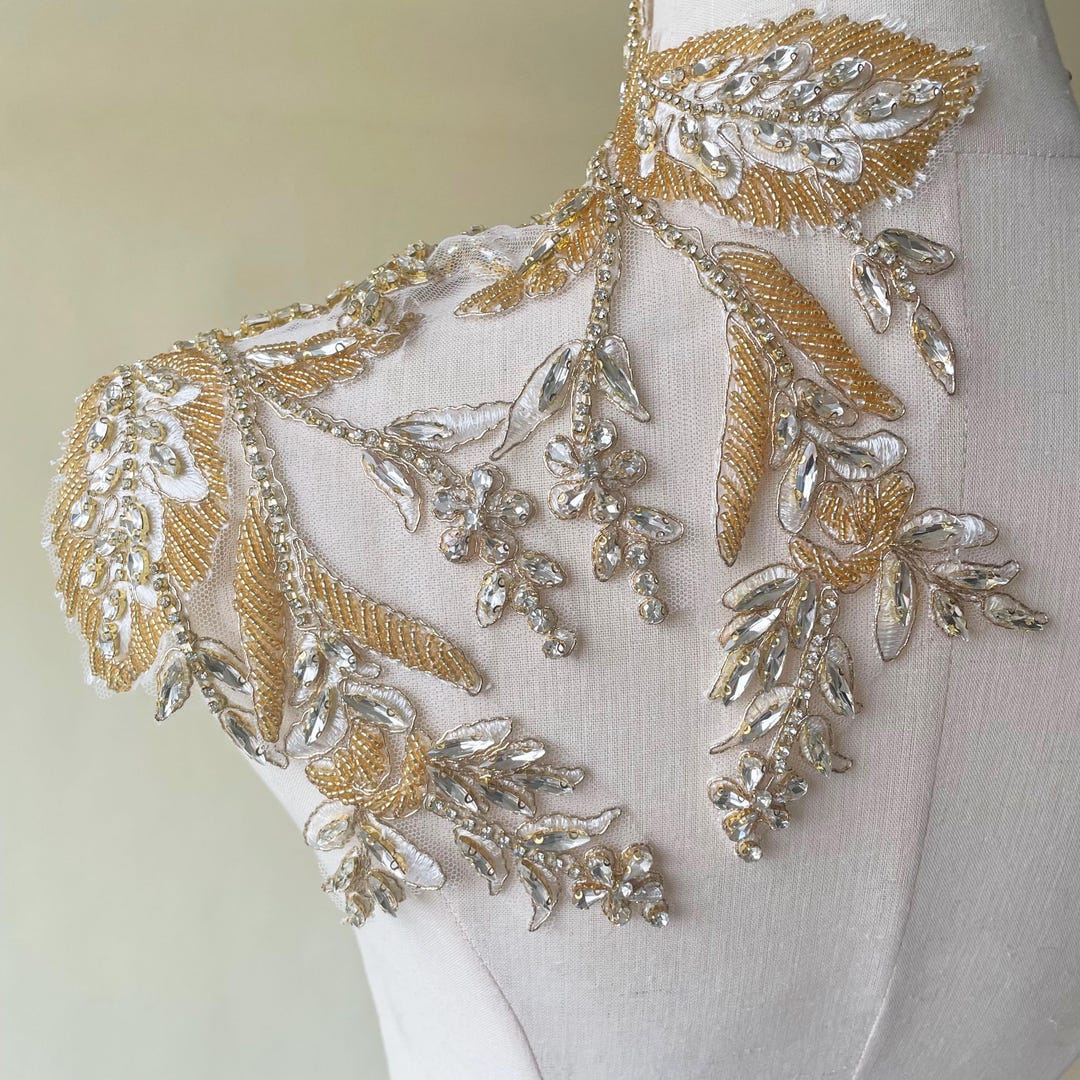 Leave Gold Rhinestone Lace Applique With Bead for Evening Gown Crystal ...