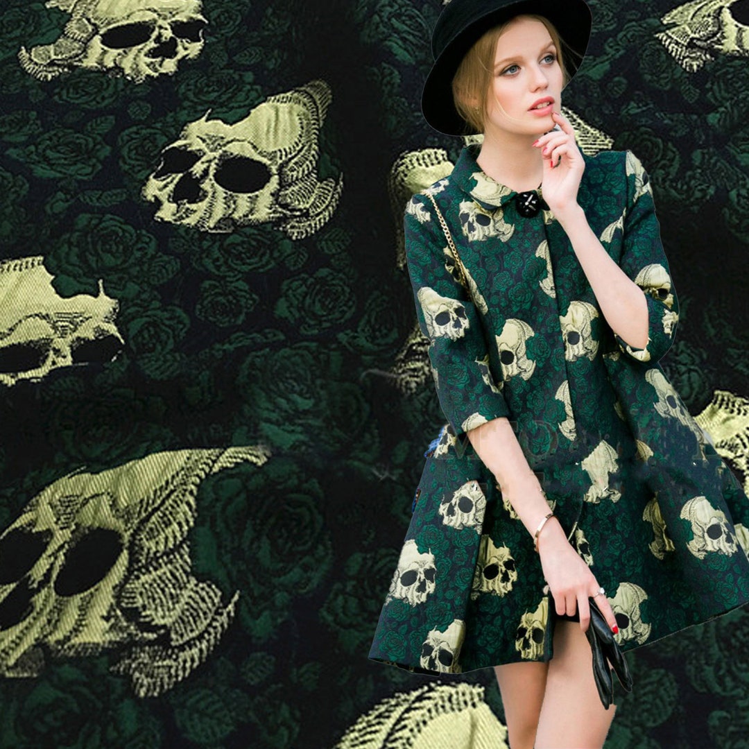 Green Skull and Roses Brocade Fabric Emboss Jacquard Fabric Haute ...
