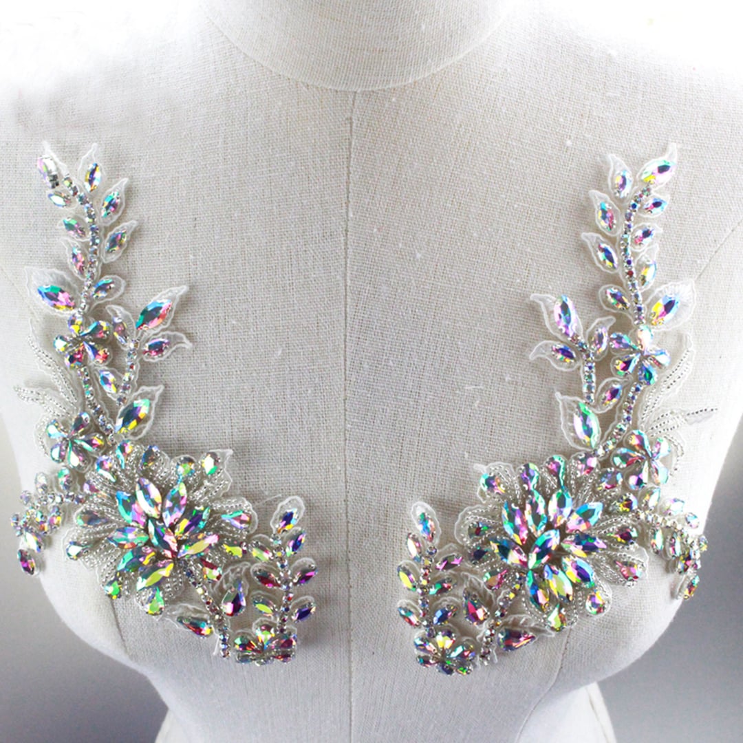 Mirror Pair Rhinestone Applique, AB Rhinestone Beaded Patch, Crystal ...