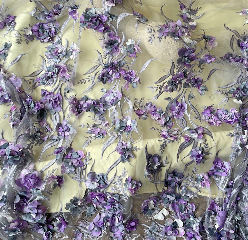 Purple 59 Inche Width Vintage 3D Flower Embroidery Blossom Lace Fabric ...