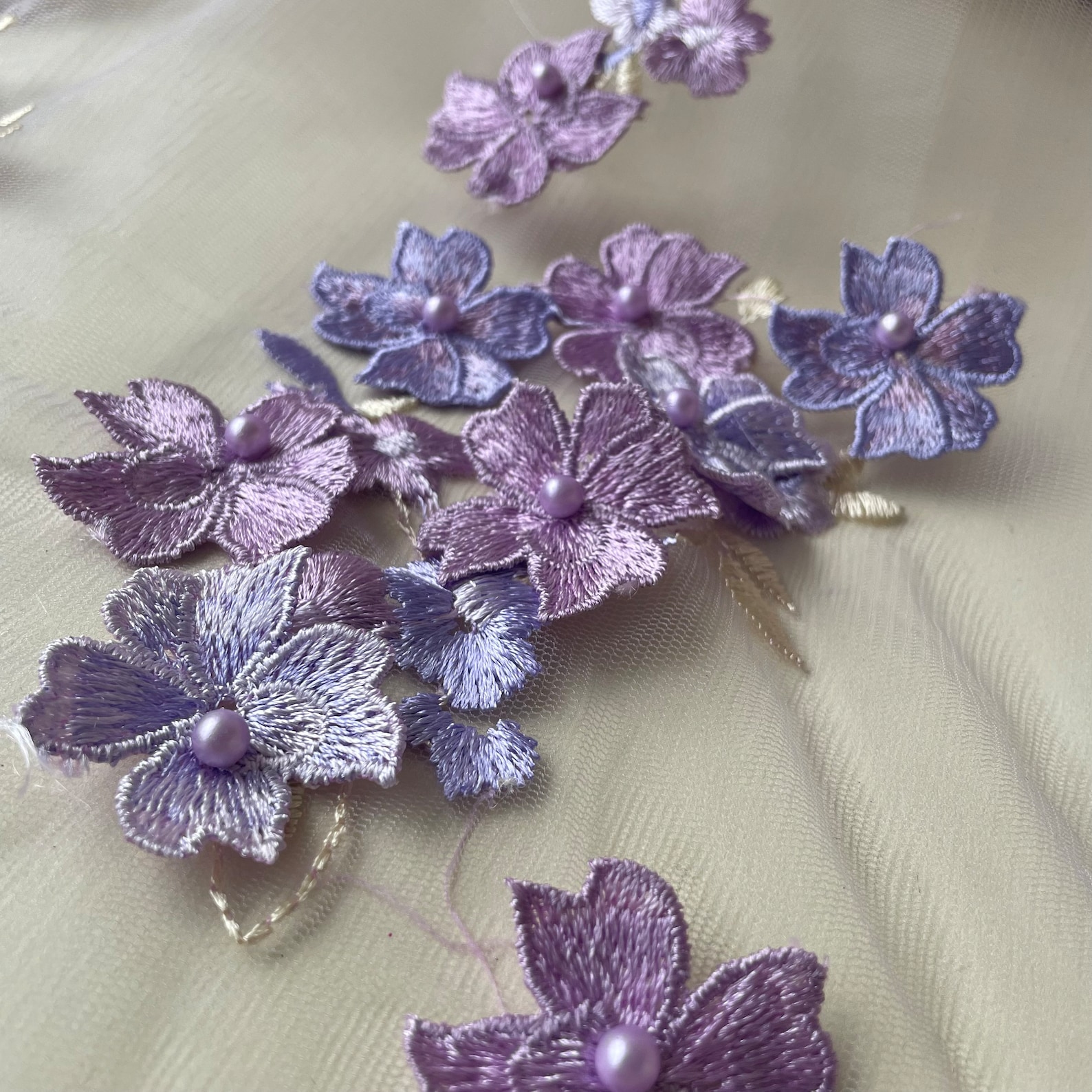 Purple 3D Embroidery Flower Scalloped Edge Blossom With Beaded Lace ...