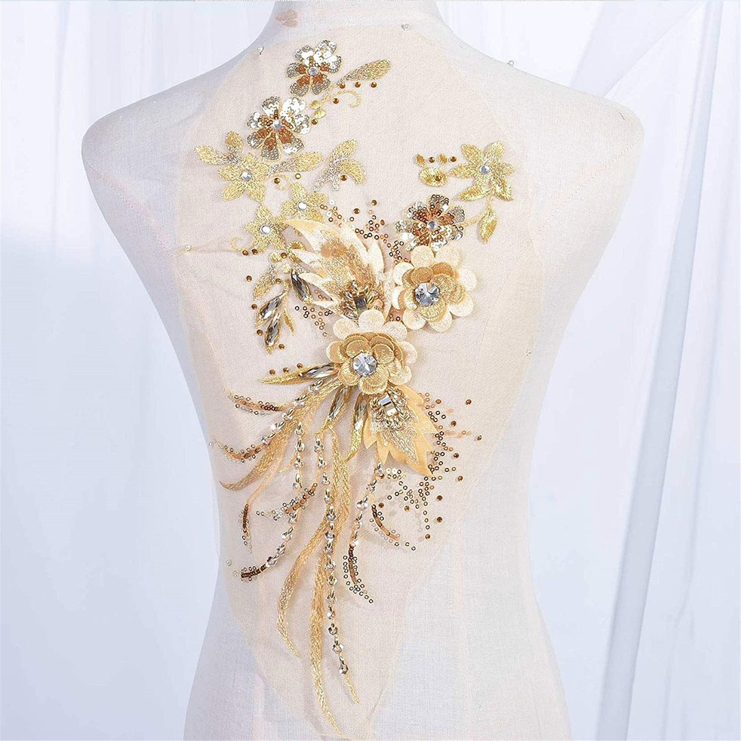 Vintage Champagne 3D Flower Lace Applique With Rhinestone Sequined ...