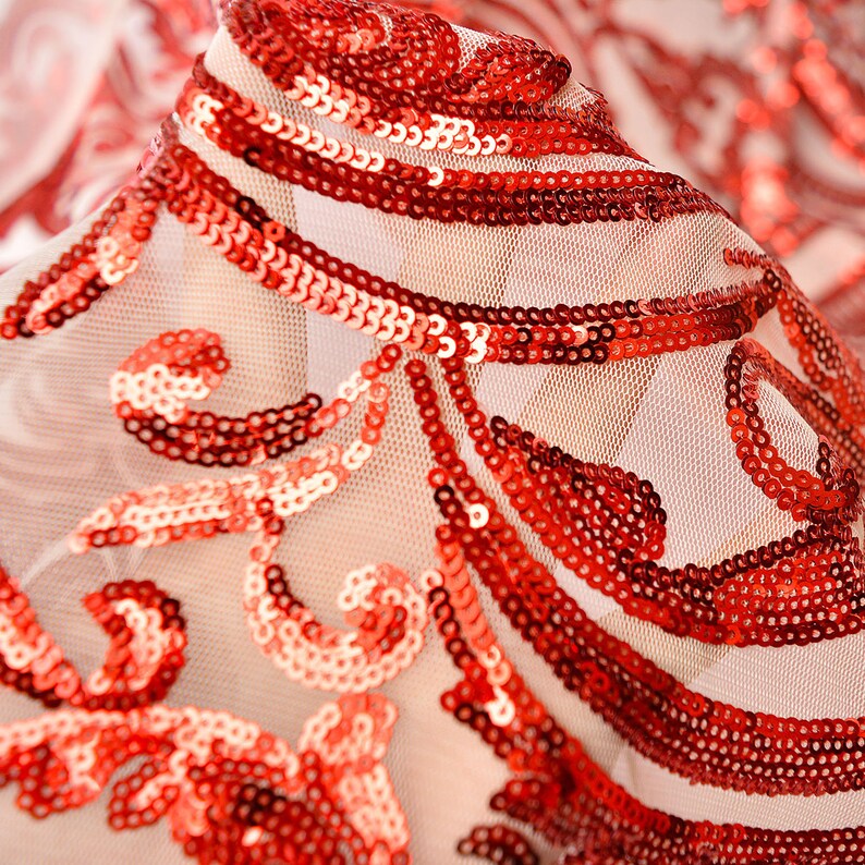 Vintage Floral Lace Fabric Stunning Red Sequined Lace Mesh Fabric ...