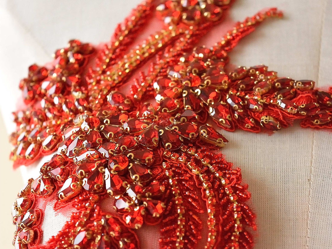 Red Heavily Crystal Flower Patches Rhinestone Applique - Etsy