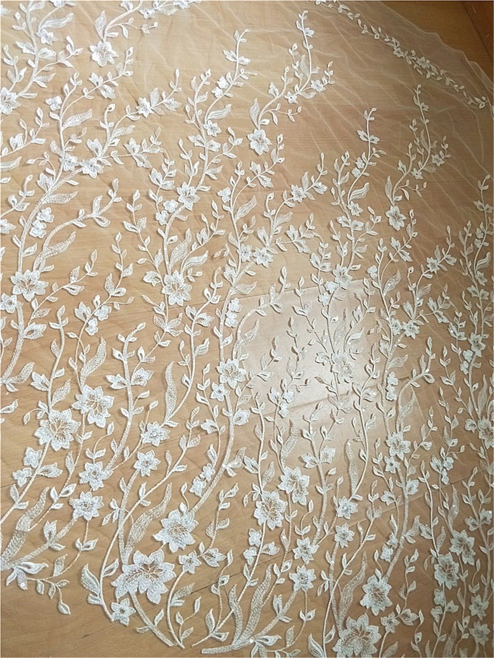 Vine Leaves Embroidery Lace Fabric, Embroidery off White Lace Mesh ...