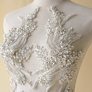 Silver Heavily Crystal Flower Patches Rhinestone Applique Embroidery ...