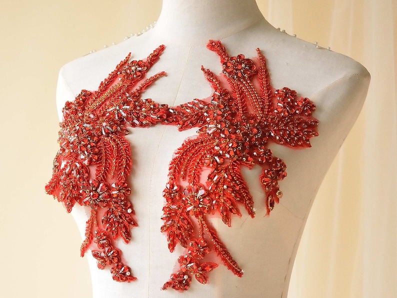 Red Heavily Crystal Flower Patches Rhinestone Applique | Etsy