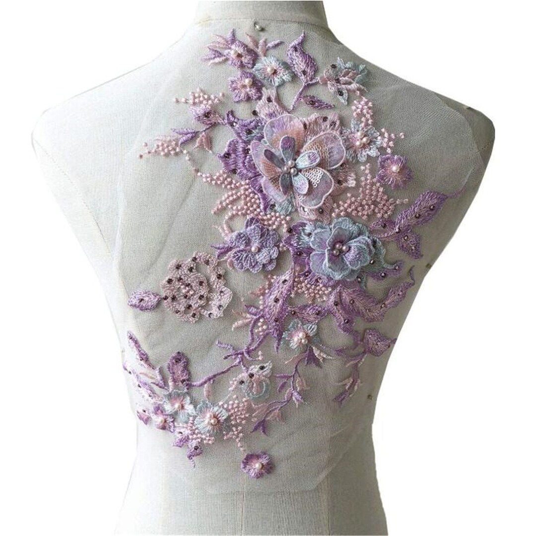 Rhinestone Beading Lace Applique 3D Blossom Sequined Flower Patches ...