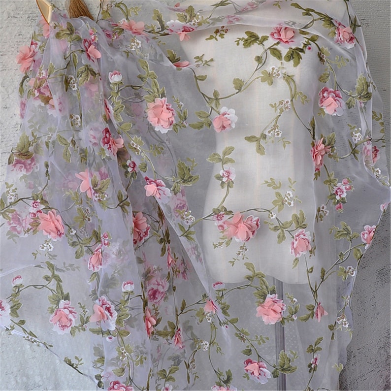 Organza Printed Flower Fabric With 3D Flower Embroidery Blossom Lace ...