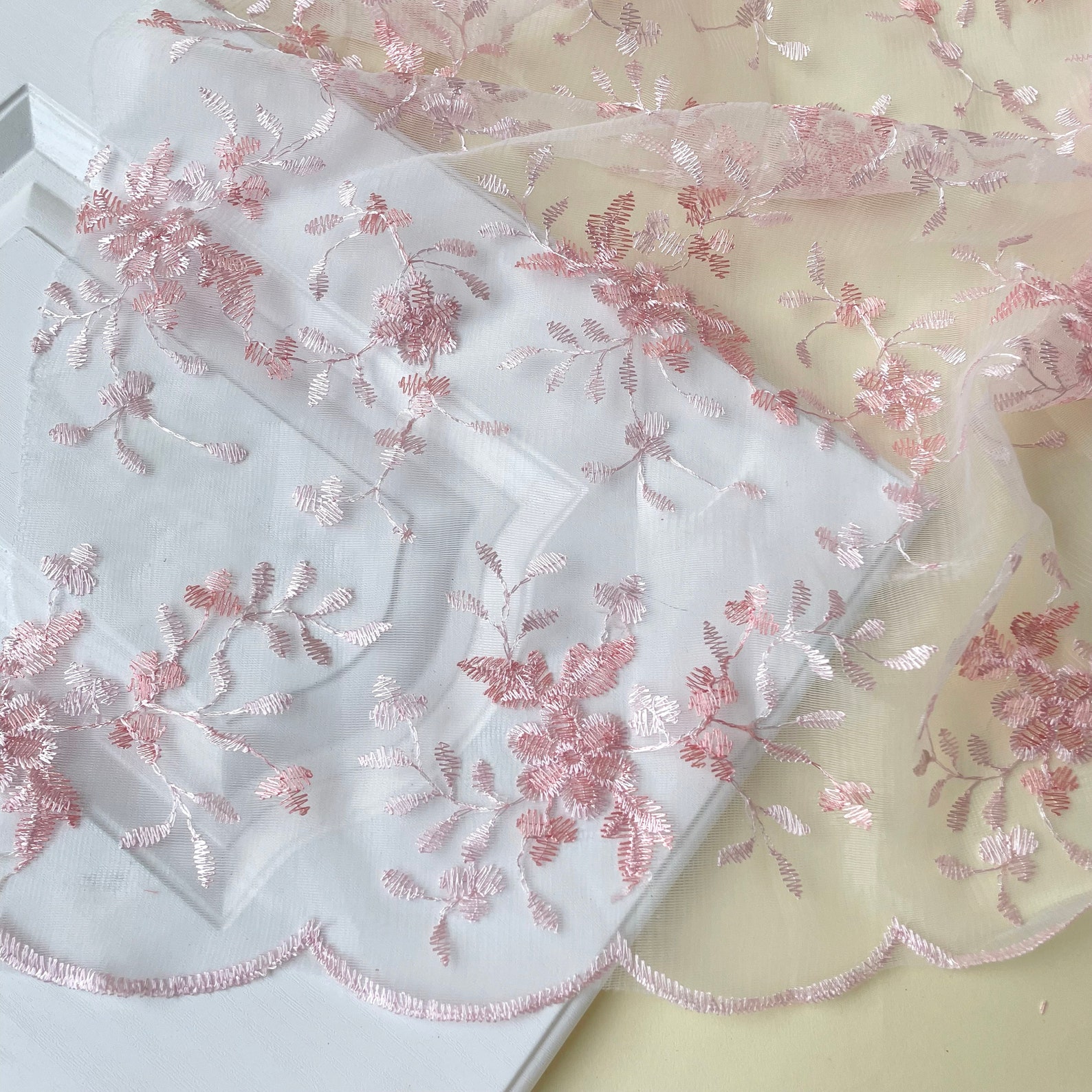 Pink Exquisite Floral Lace Net Both Scalloped Edge Embroidery - Etsy