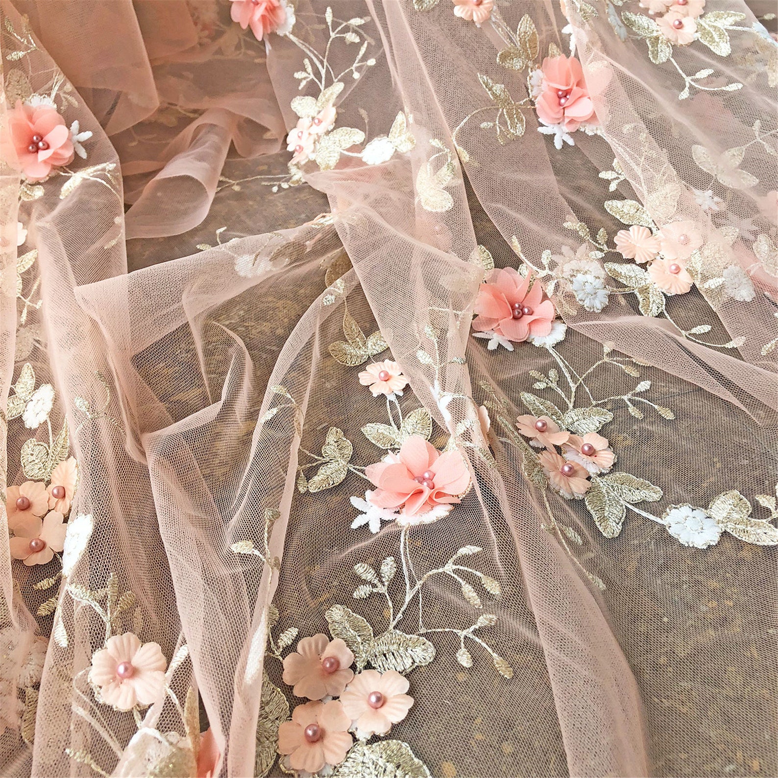 Exquisite Beaded Lace Fabric Elengant Chiffon Flower Embroidery Lace ...
